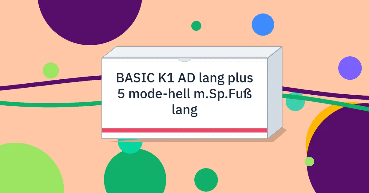 Symbolbild: Packung mit der Aufschrift BASIC K1 AD lang plus 5 mode-hell m.Sp.Fuß lang (PZN 20258835) – Verfügbarkeit und Bezug in Apotheken in Frankfurt am Main