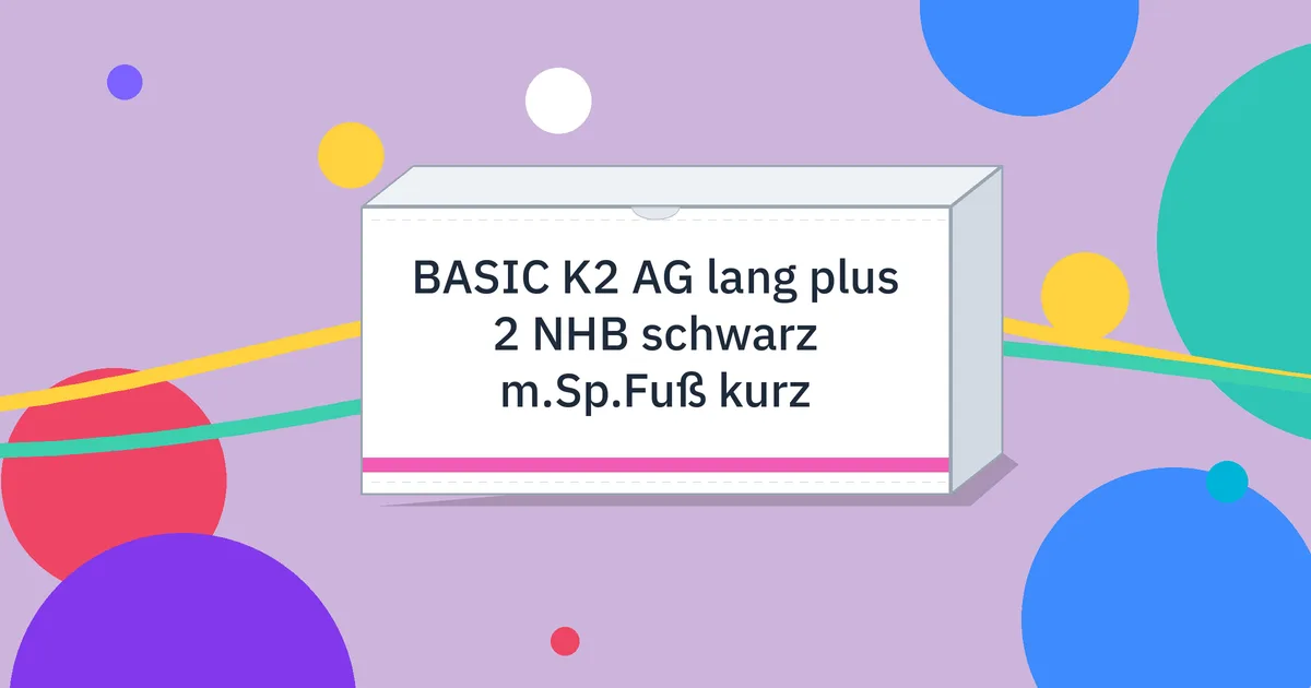 Symbolbild: Packung mit der Aufschrift BASIC K2 AG lang plus 2 NHB schwarz m.Sp.Fuß kurz (PZN 20266556) – Verfügbarkeit und Bezug in Apotheken in Frankfurt am Main