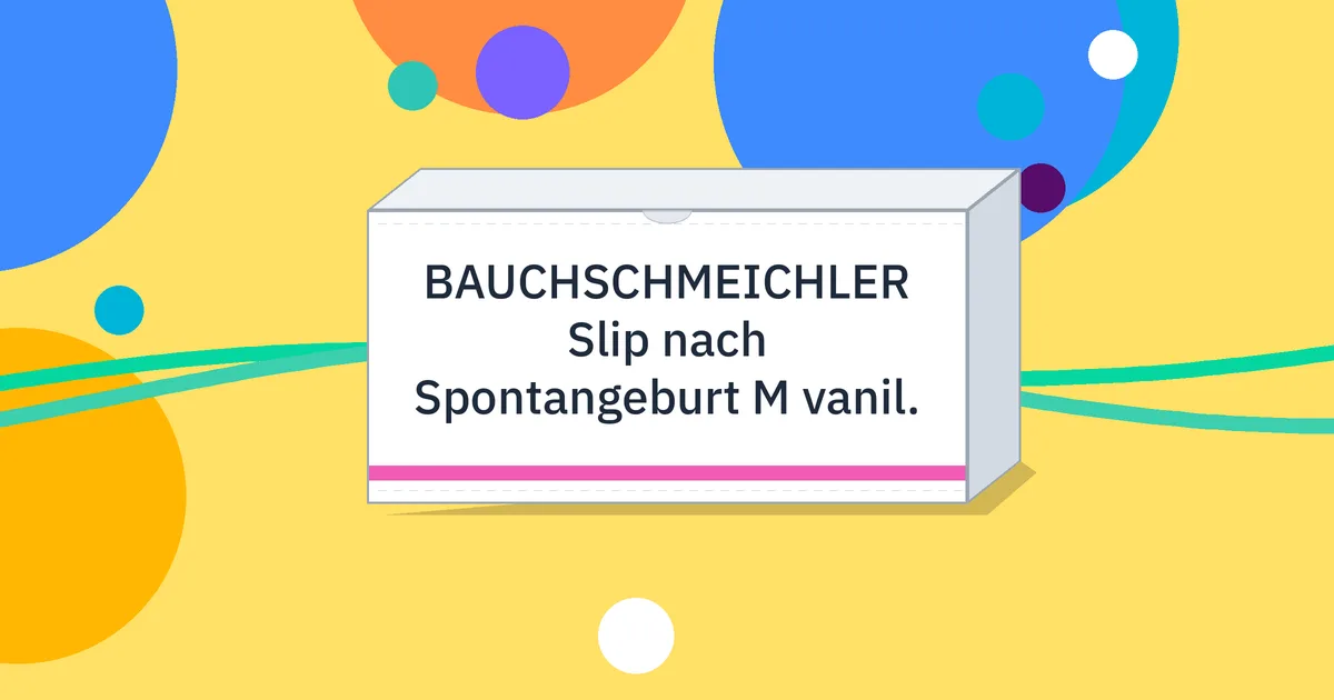 Symbolbild: Packung mit der Aufschrift BAUCHSCHMEICHLER Slip nach Spontangeburt M vanil. (PZN 16128908) – Verfügbarkeit und Bezug in Apotheken in Frankfurt am Main