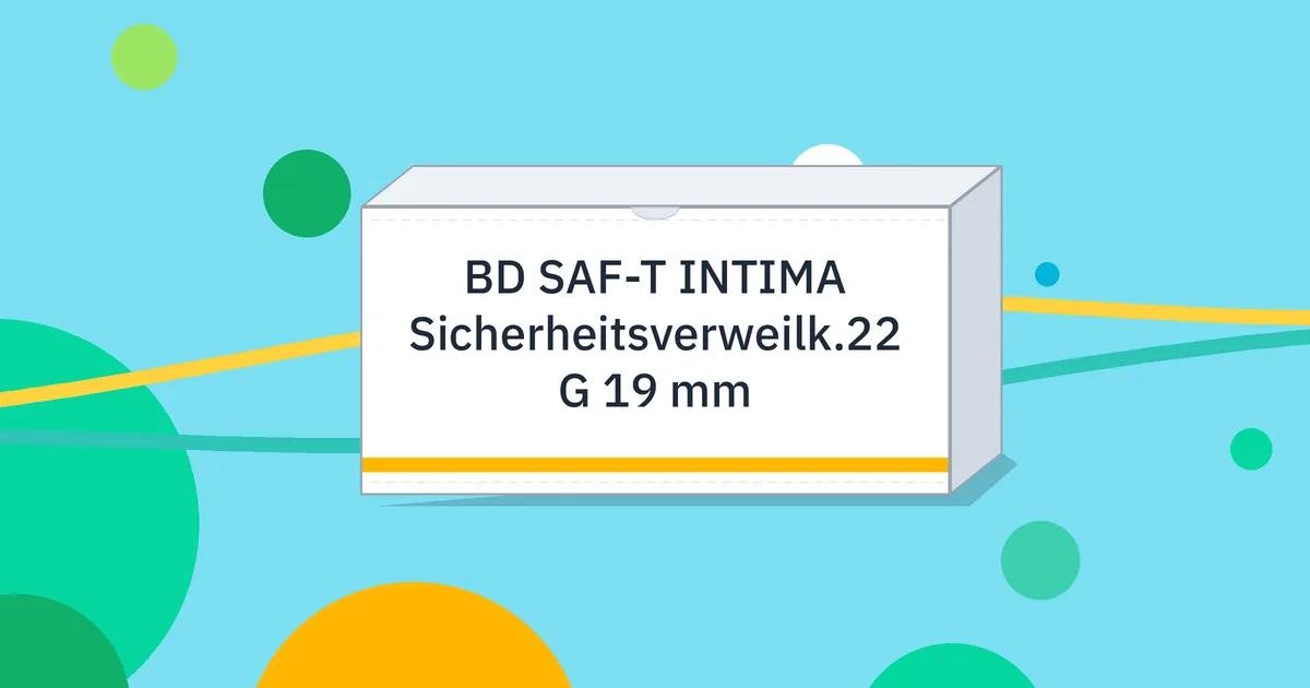 Symbolbild: Packung mit der Aufschrift BD SAF-T INTIMA Sicherheitsverweilk.22 G 19 mm (PZN 10011884) – Verfügbarkeit und Bezug in Apotheken in Frankfurt am Main