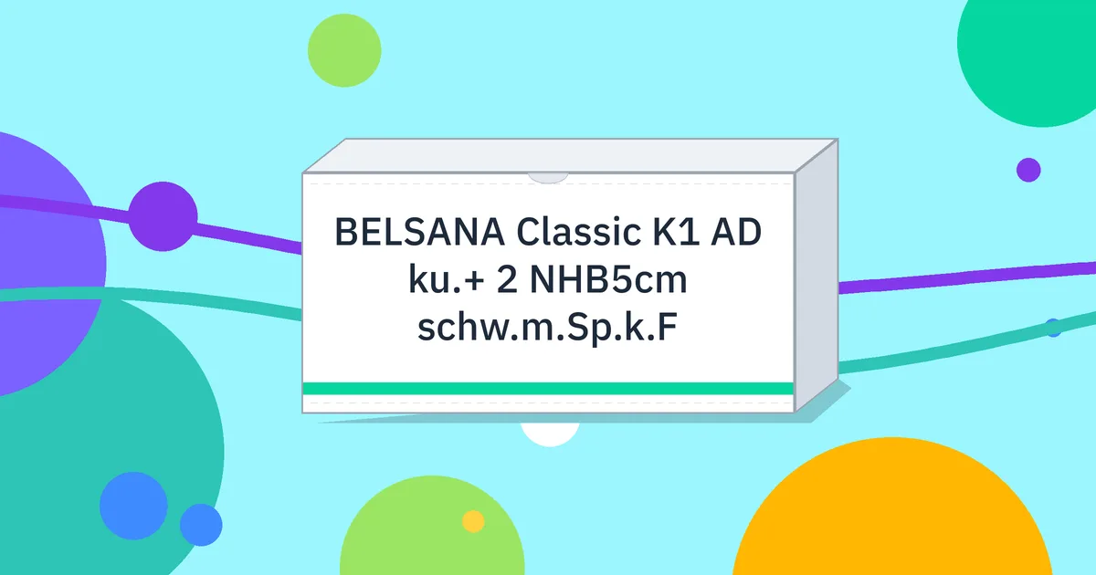Symbolbild: Packung mit der Aufschrift BELSANA Classic K1 AD ku.+ 2 NHB5cm schw.m.Sp.k.F (PZN 19254789) – Verfügbarkeit und Bezug in Apotheken in Frankfurt am Main