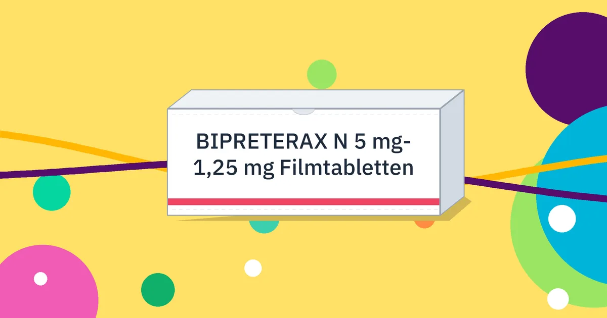 Symbolbild: Packung mit der Aufschrift BIPRETERAX N 5 mg-1,25 mg Filmtabletten (PZN 06349347) – Verfügbarkeit und Bezug in Apotheken in Frankfurt am Main