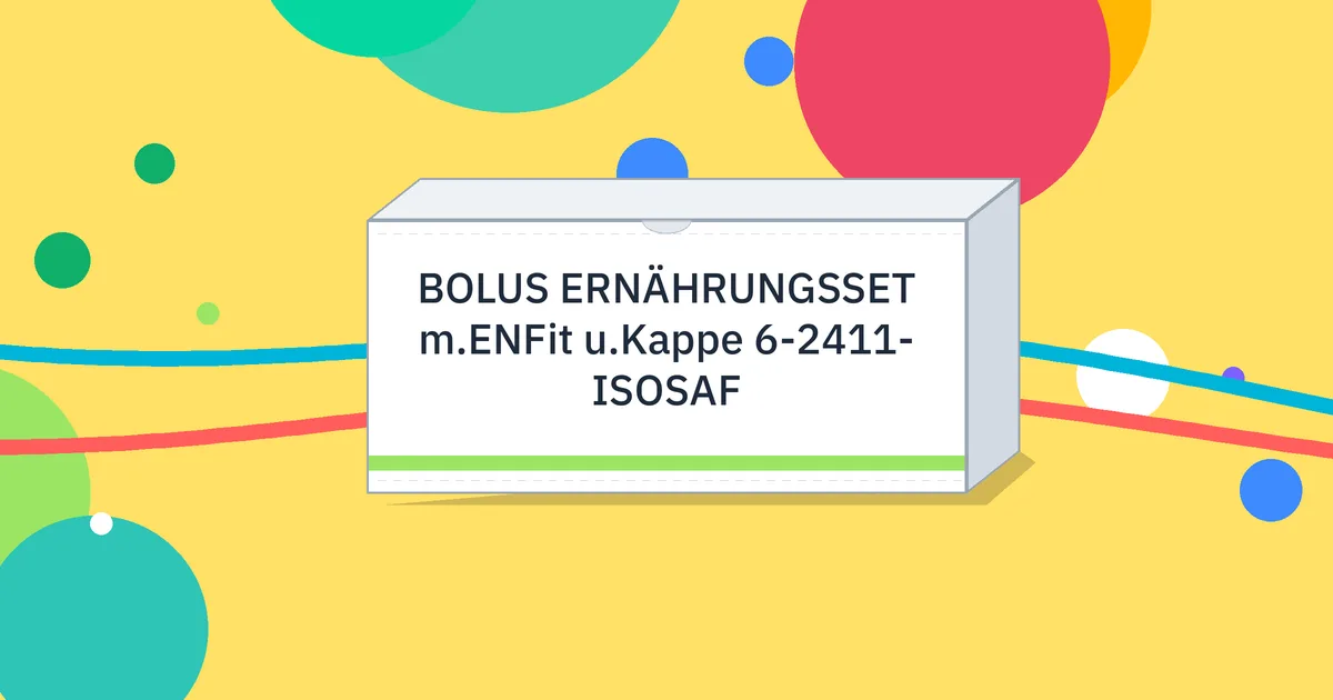 Symbolbild: Packung mit der Aufschrift BOLUS ERNÄHRUNGSSET m.ENFit u.Kappe 6-2411-ISOSAF (PZN 14345300) – Verfügbarkeit und Bezug in Apotheken in Frankfurt am Main
