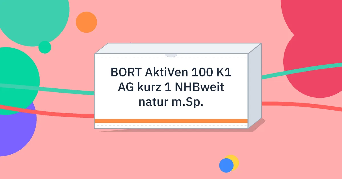 Symbolbild: Packung mit der Aufschrift BORT AktiVen 100 K1 AG kurz 1 NHBweit natur m.Sp. (PZN 13729955) – Verfügbarkeit und Bezug in Apotheken in Frankfurt am Main