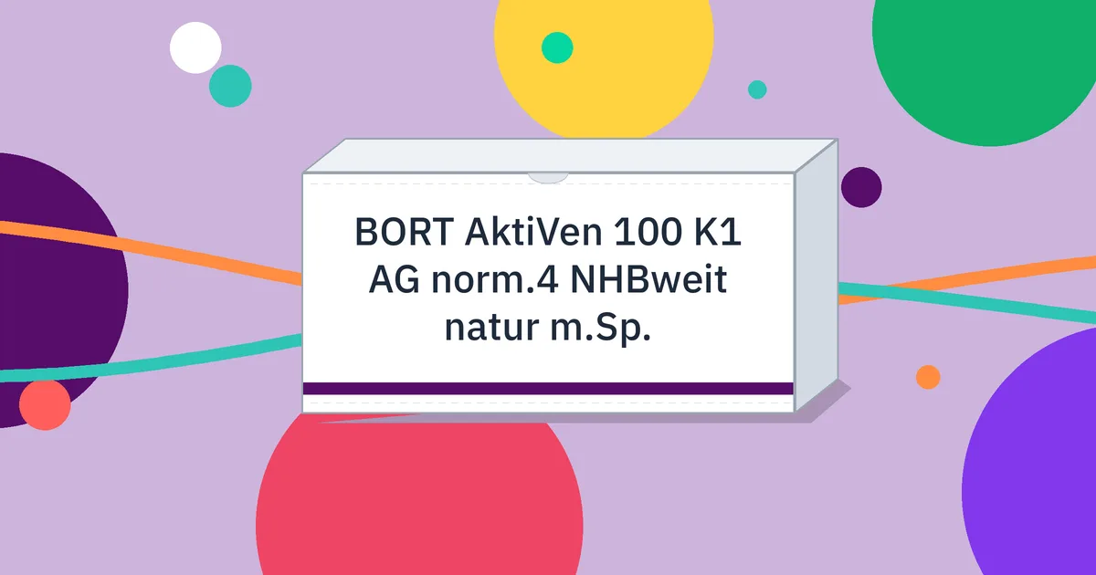 Symbolbild: Packung mit der Aufschrift BORT AktiVen 100 K1 AG norm.4 NHBweit natur m.Sp. (PZN 13729808) – Verfügbarkeit und Bezug in Apotheken in Frankfurt am Main