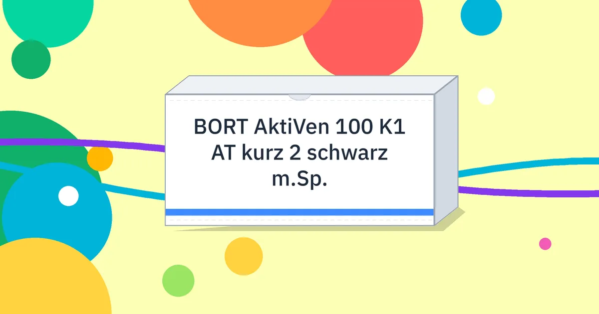 Symbolbild: Packung mit der Aufschrift BORT AktiVen 100 K1 AT kurz 2 schwarz m.Sp. (PZN 14389131) – Verfügbarkeit und Bezug in Apotheken in Frankfurt am Main