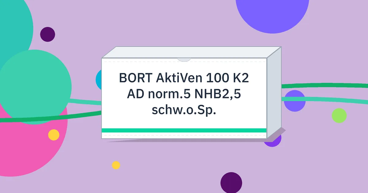 Symbolbild: Packung mit der Aufschrift BORT AktiVen 100 K2 AD norm.5 NHB2,5 schw.o.Sp. (PZN 17501640) – Verfügbarkeit und Bezug in Apotheken in Frankfurt am Main
