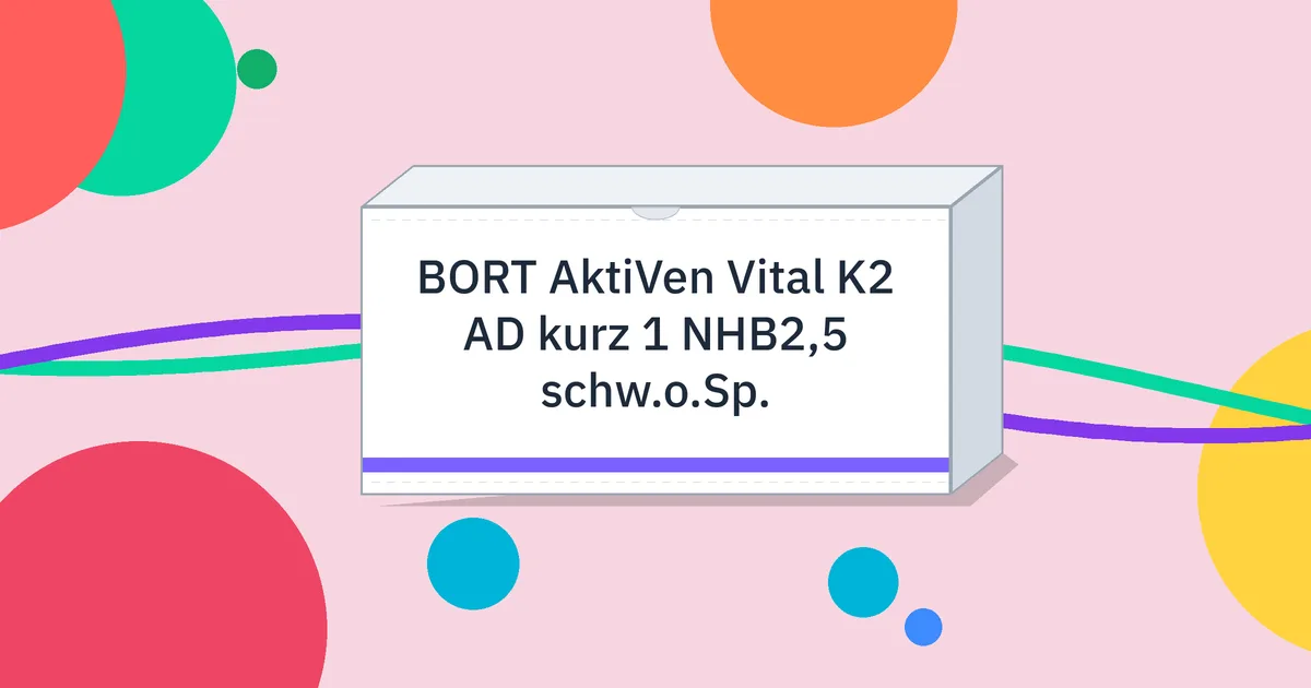 Symbolbild: Packung mit der Aufschrift BORT AktiVen Vital K2 AD kurz 1 NHB2,5 schw.o.Sp. (PZN 17497950) – Verfügbarkeit und Bezug in Apotheken in Frankfurt am Main