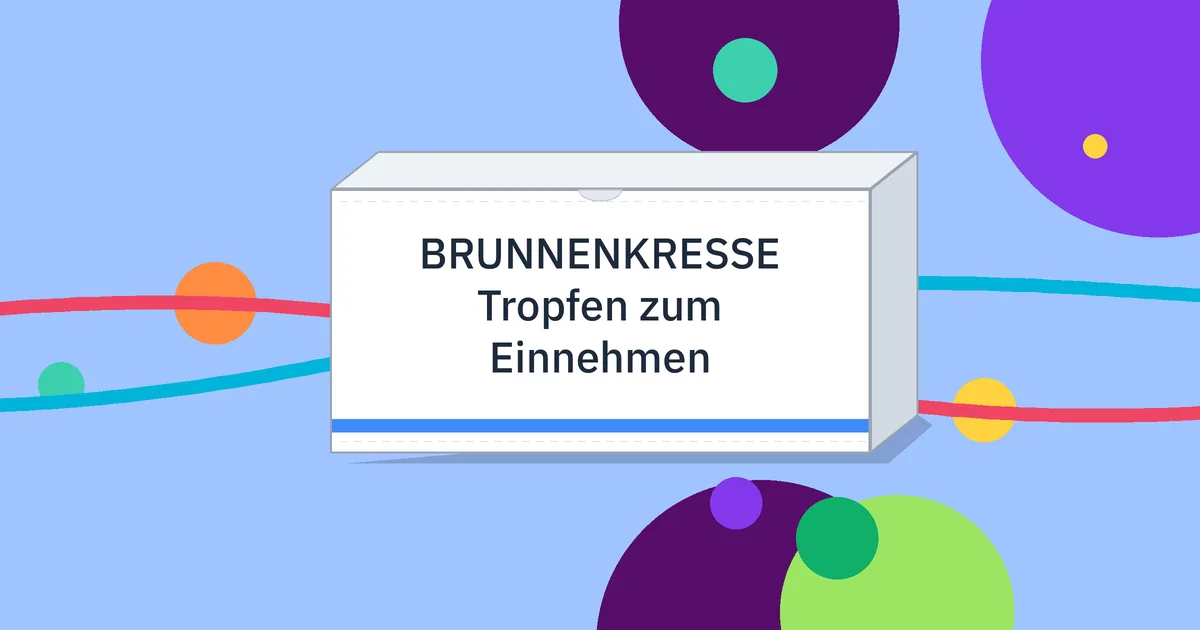 Symbolbild: Packung mit der Aufschrift BRUNNENKRESSE Tropfen zum Einnehmen (PZN 11602564) – Verfügbarkeit und Bezug in Apotheken in Frankfurt am Main