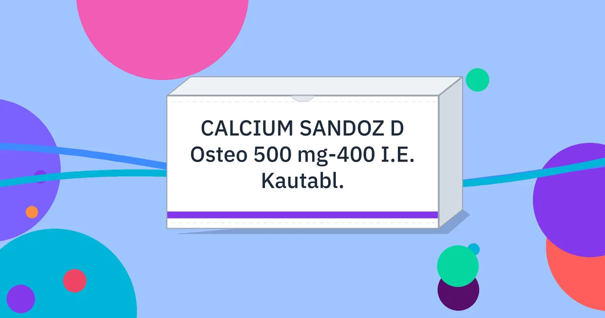 Symbolbild: Packung mit der Aufschrift CALCIUM SANDOZ D Osteo 500 mg-400 I.E. Kautabl. (PZN 02227825) – Verfügbarkeit und Bezug in Apotheken in Frankfurt am Main