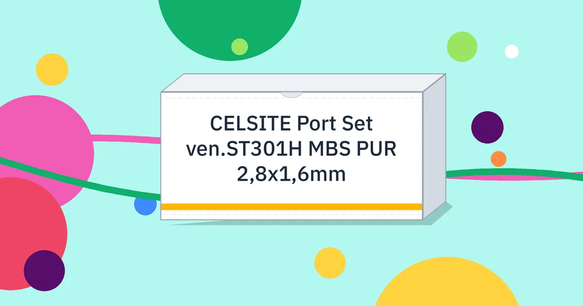 Symbolbild: Packung mit der Aufschrift CELSITE Port Set ven.ST301H MBS PUR 2,8x1,6mm (PZN 01219700) – Verfügbarkeit und Bezug in Apotheken in Frankfurt am Main
