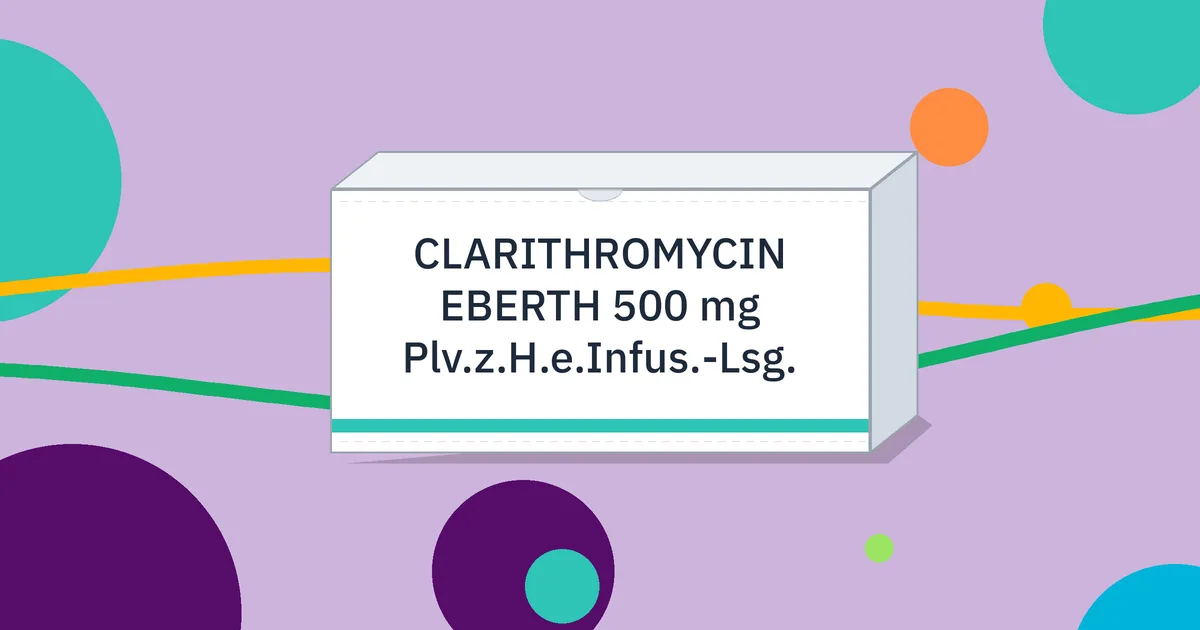 Symbolbild: Packung mit der Aufschrift CLARITHROMYCIN EBERTH 500 mg Plv.z.H.e.Infus.-Lsg. (PZN 10394193) – Verfügbarkeit und Bezug in Apotheken in Frankfurt am Main