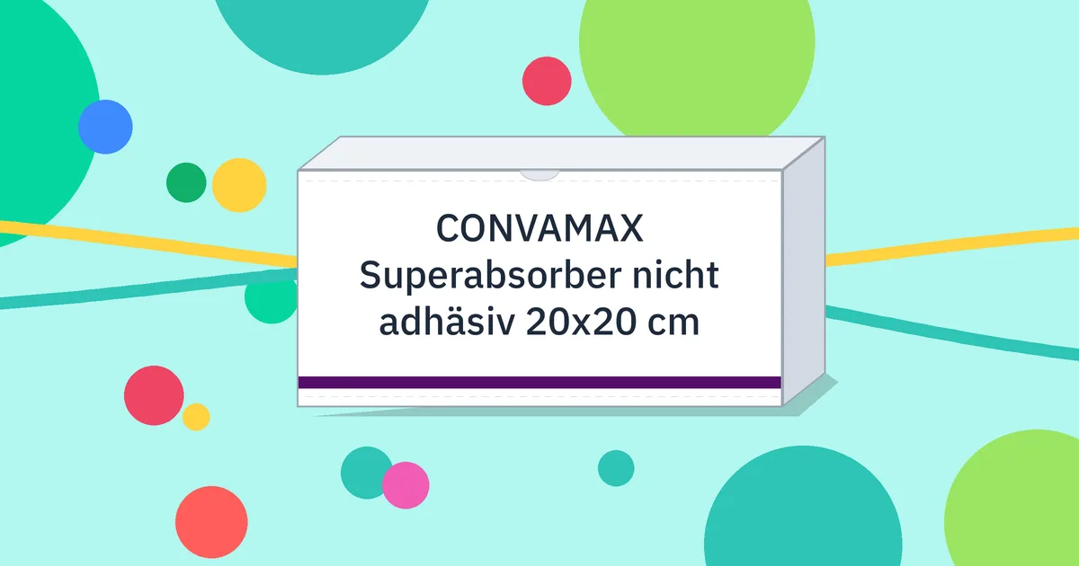 Symbolbild: Packung mit der Aufschrift CONVAMAX Superabsorber nicht adhäsiv 20x20 cm (PZN 18037624) – Verfügbarkeit und Bezug in Apotheken in Frankfurt am Main