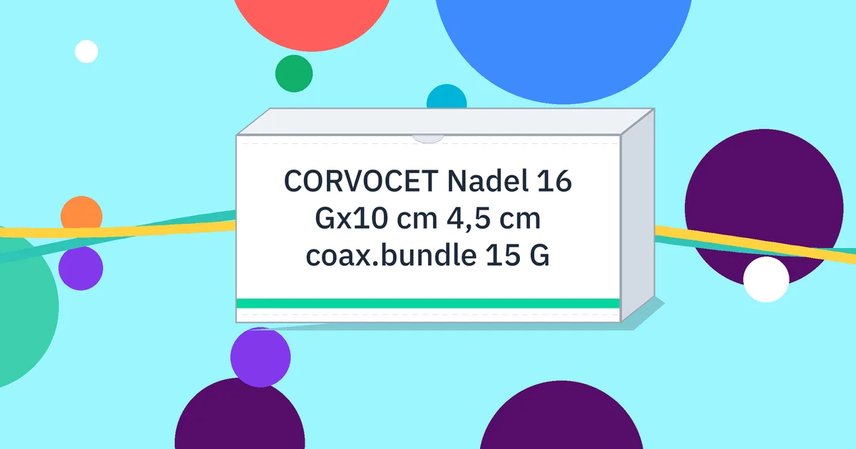 Symbolbild: Packung mit der Aufschrift CORVOCET Nadel 16 Gx10 cm 4,5 cm coax.bundle 15 G (PZN 18764100) – Verfügbarkeit und Bezug in Apotheken in Frankfurt am Main