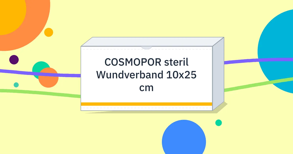 Symbolbild: Packung mit der Aufschrift COSMOPOR steril Wundverband 10x25 cm (PZN 18374528) – Verfügbarkeit und Bezug in Apotheken in Frankfurt am Main
