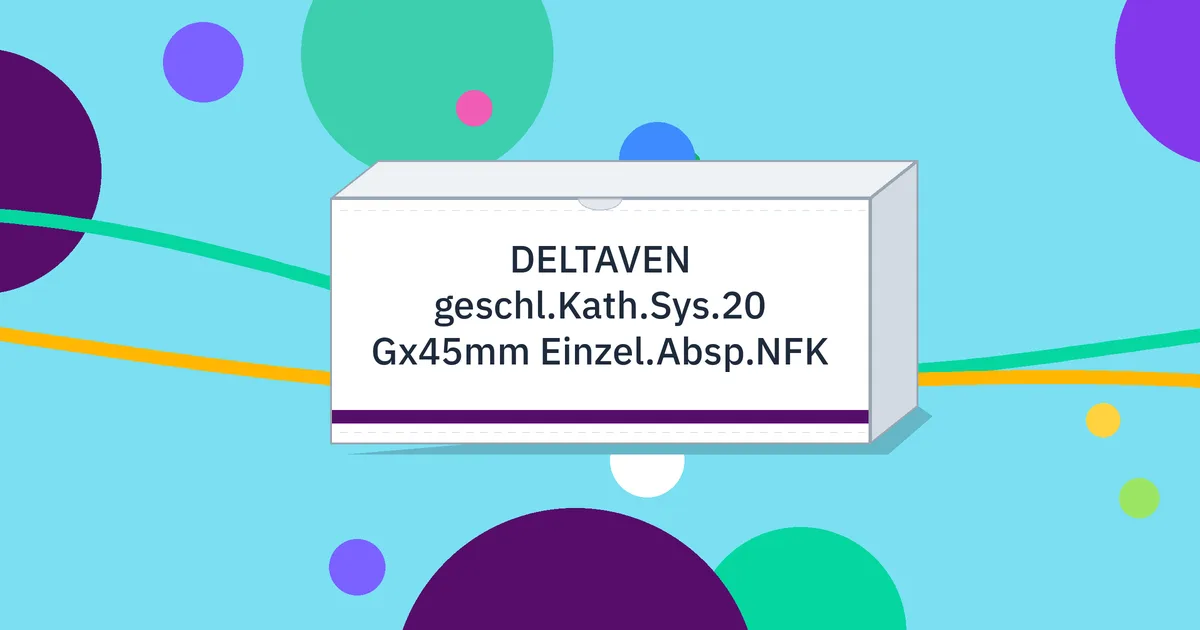 Symbolbild: Packung mit der Aufschrift DELTAVEN geschl.Kath.Sys.20 Gx45mm Einzel.Absp.NFK (PZN 13977340) – Verfügbarkeit und Bezug in Apotheken in Frankfurt am Main