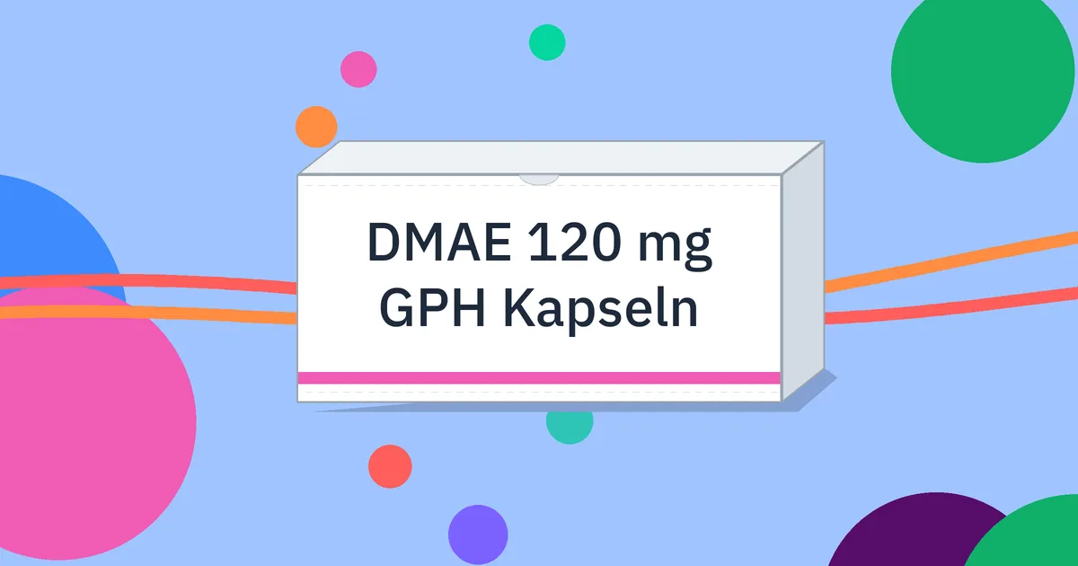 Symbolbild: Packung mit der Aufschrift DMAE 120 mg GPH Kapseln (PZN 10829225) – Verfügbarkeit und Bezug in Apotheken in Frankfurt am Main