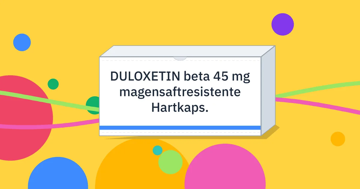 Symbolbild: Packung mit der Aufschrift DULOXETIN beta 45 mg magensaftresistente Hartkaps. (PZN 05973115) – Verfügbarkeit und Bezug in Apotheken in Frankfurt am Main
