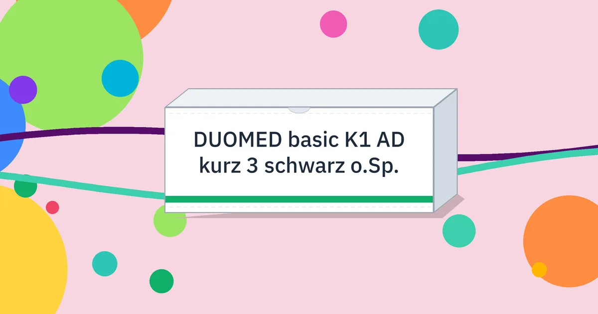 Symbolbild: Packung mit der Aufschrift DUOMED basic K1 AD kurz 3 schwarz o.Sp. (PZN 20904063) – Verfügbarkeit und Bezug in Apotheken in Frankfurt am Main