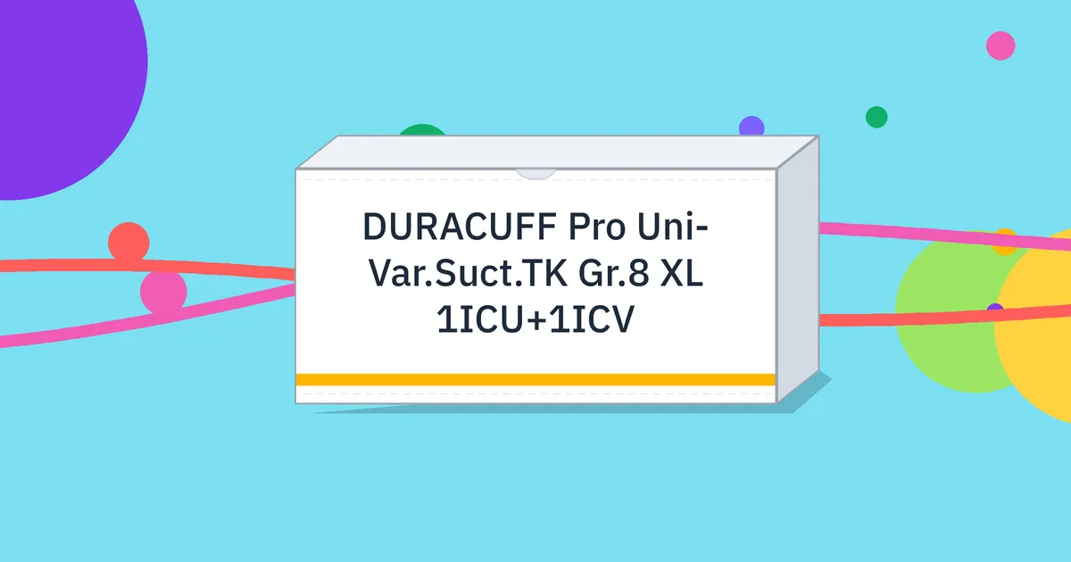 Symbolbild: Packung mit der Aufschrift DURACUFF Pro Uni-Var.Suct.TK Gr.8 XL 1ICU+1ICV (PZN 19245891) – Verfügbarkeit und Bezug in Apotheken in Frankfurt am Main