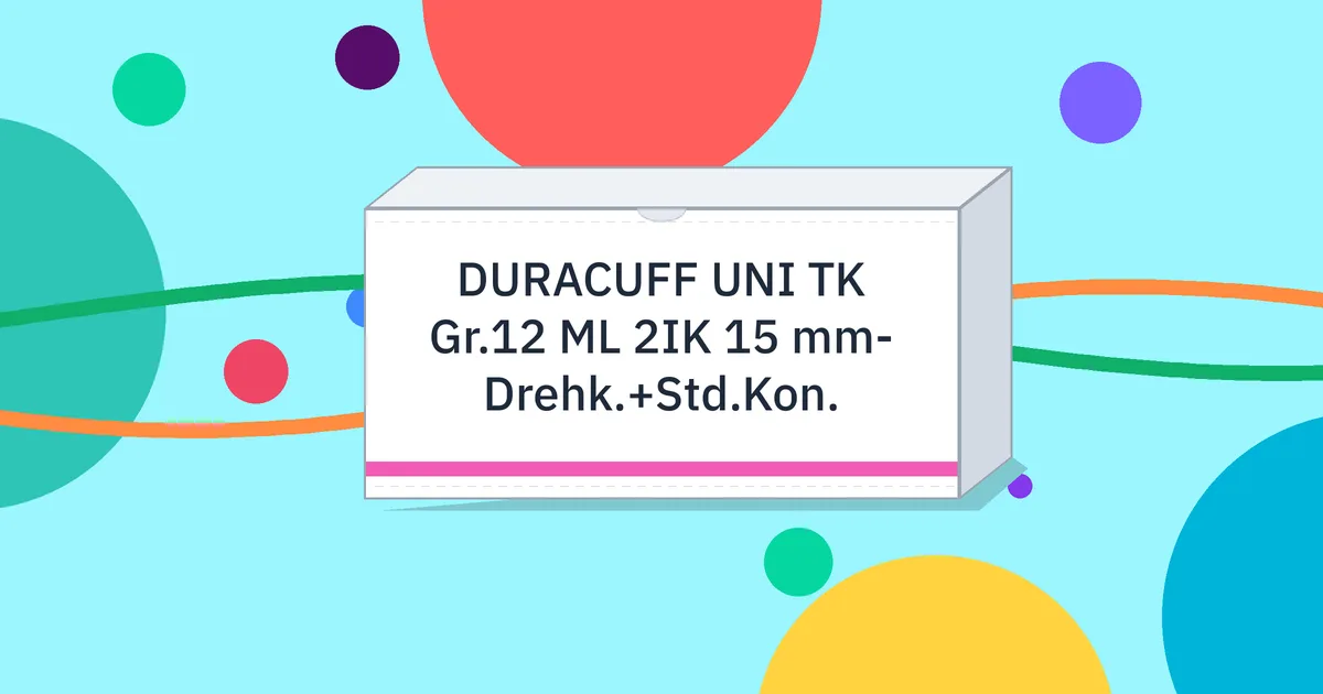 Symbolbild: Packung mit der Aufschrift DURACUFF UNI TK Gr.12 ML 2IK 15 mm-Drehk.+Std.Kon. (PZN 04961067) – Verfügbarkeit und Bezug in Apotheken in Frankfurt am Main