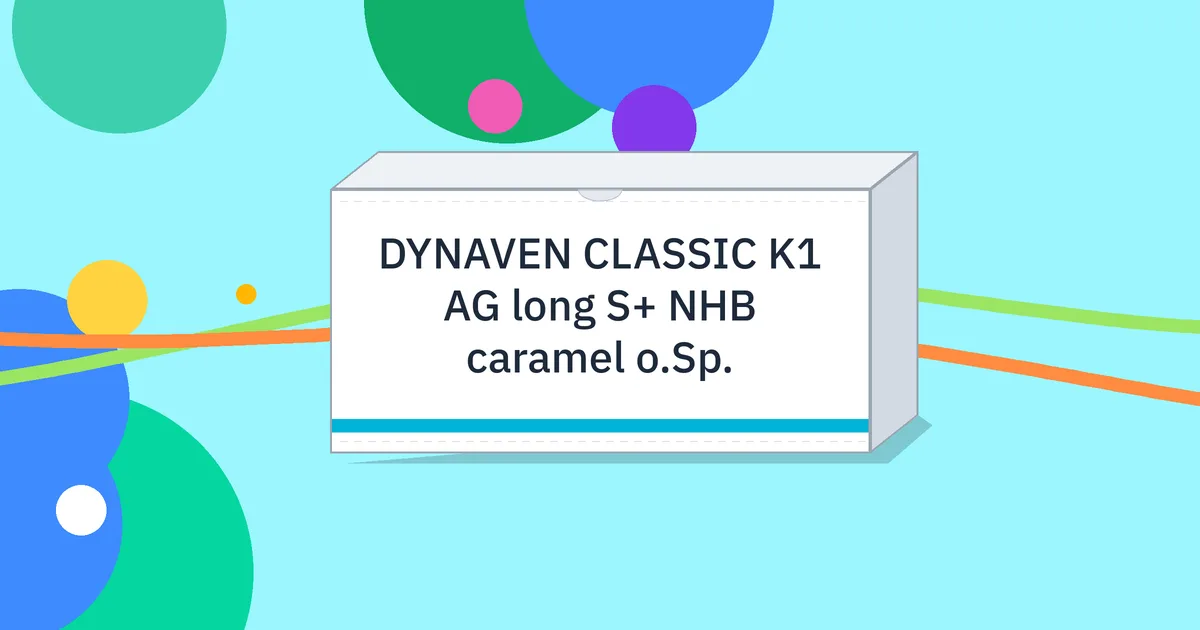 Symbolbild: Packung mit der Aufschrift DYNAVEN CLASSIC K1 AG long S+ NHB caramel o.Sp. (PZN 18415546) – Verfügbarkeit und Bezug in Apotheken in Frankfurt am Main