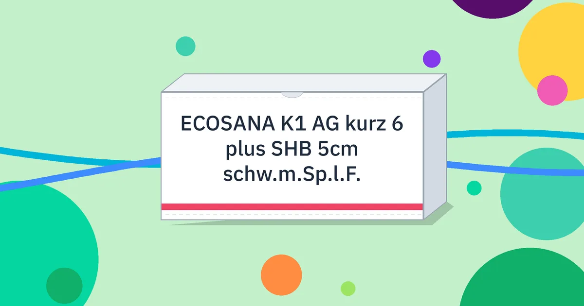 Symbolbild: Packung mit der Aufschrift ECOSANA K1 AG kurz 6 plus SHB 5cm schw.m.Sp.l.F. (PZN 04729784) – Verfügbarkeit und Bezug in Apotheken in Frankfurt am Main