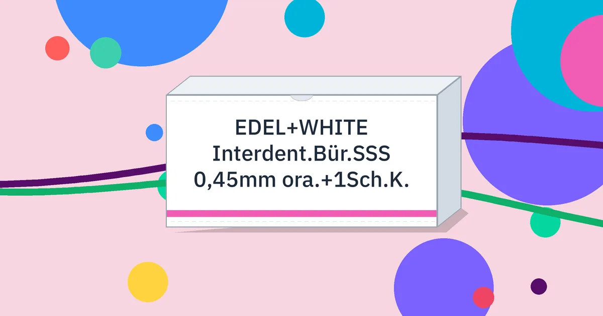 Symbolbild: Packung mit der Aufschrift EDEL+WHITE Interdent.Bür.SSS 0,45mm ora.+1Sch.K. (PZN 00180077) – Verfügbarkeit und Bezug in Apotheken in Frankfurt am Main