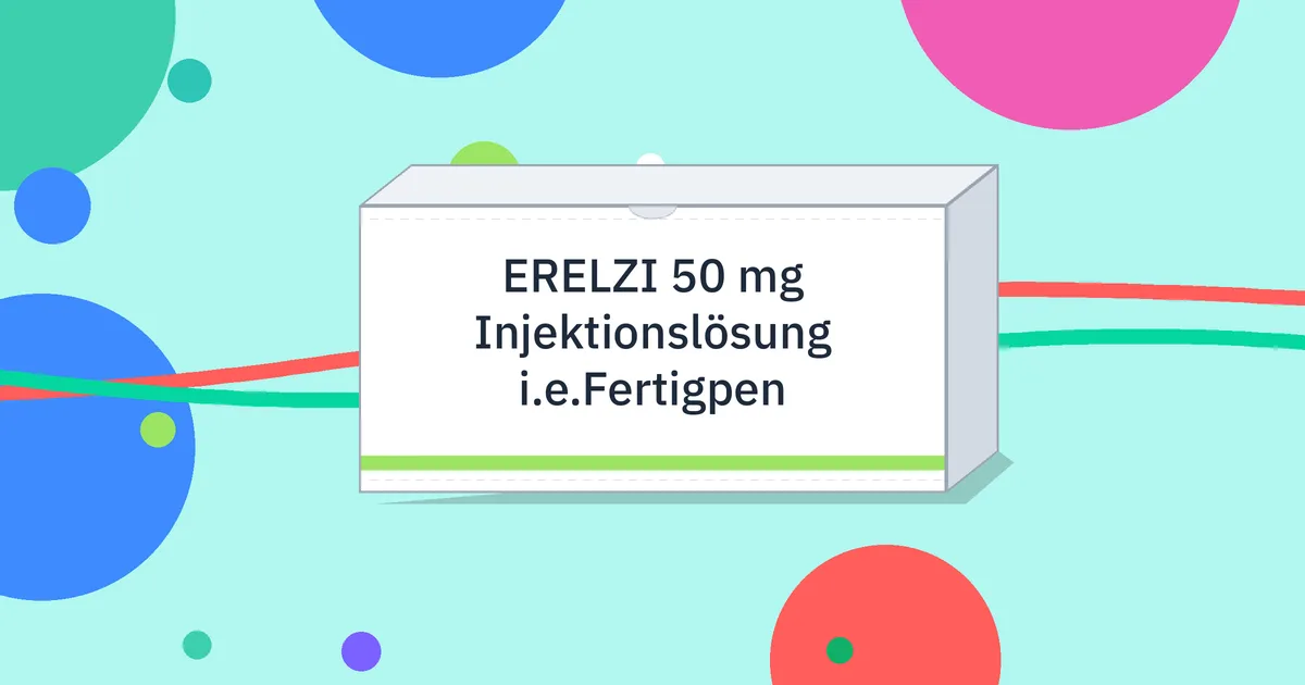 Symbolbild: Packung mit der Aufschrift ERELZI 50 mg Injektionslösung i.e.Fertigpen (PZN 14163817) – Verfügbarkeit und Bezug in Apotheken in Frankfurt am Main