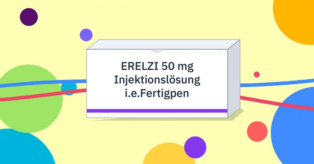 Symbolbild: Packung mit der Aufschrift ERELZI 50 mg Injektionslösung i.e.Fertigpen (PZN 16702276) – Verfügbarkeit und Bezug in Apotheken in Frankfurt am Main