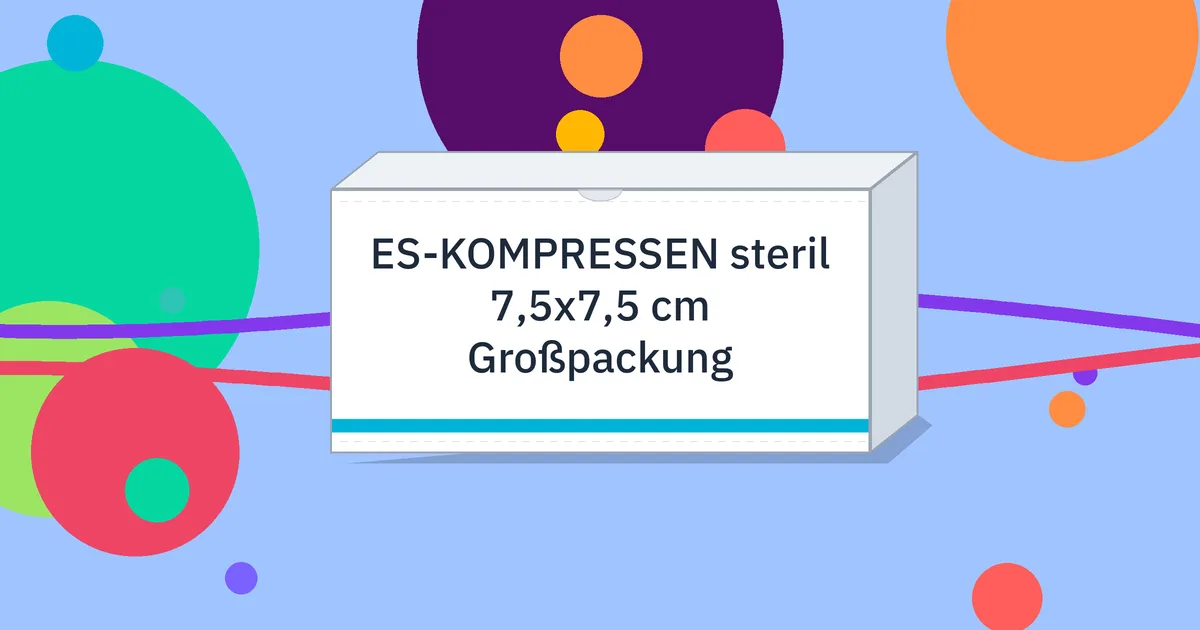 Symbolbild: Packung mit der Aufschrift ES-KOMPRESSEN steril 7,5x7,5 cm Großpackung (PZN 19700444) – Verfügbarkeit und Bezug in Apotheken in Frankfurt am Main