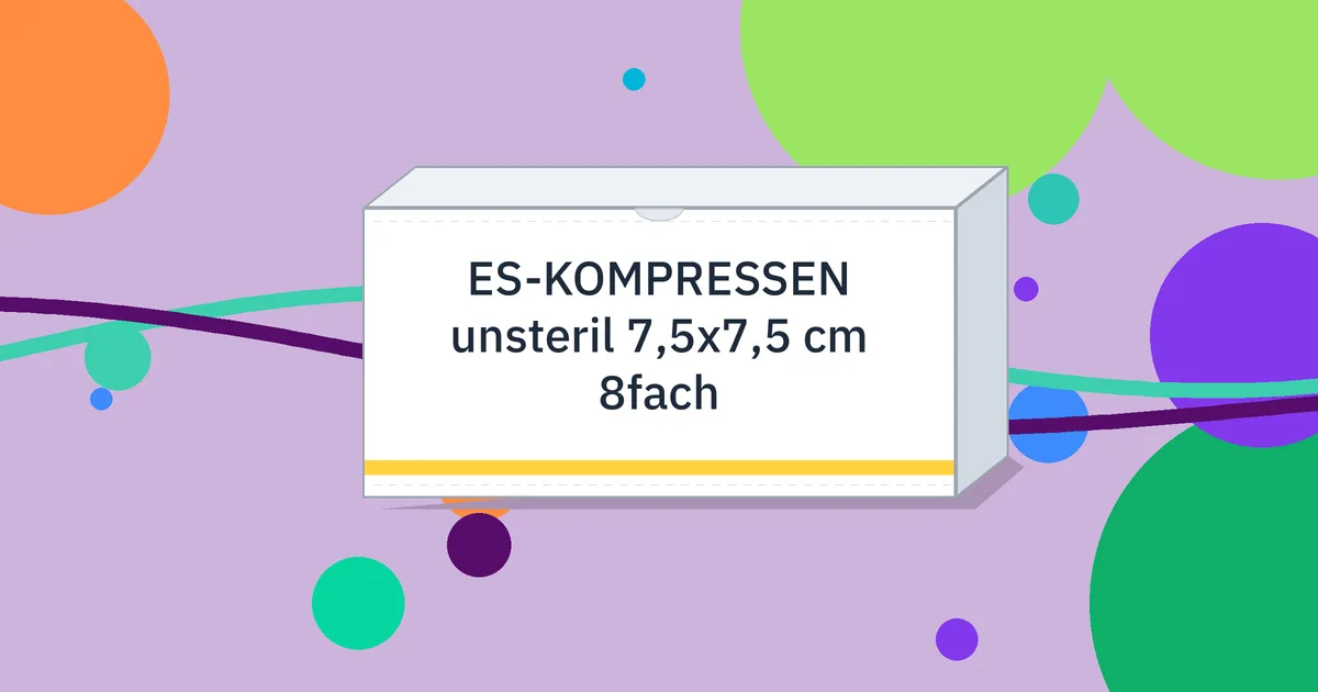 Symbolbild: Packung mit der Aufschrift ES-KOMPRESSEN unsteril 7,5x7,5 cm 8fach (PZN 18817115) – Verfügbarkeit und Bezug in Apotheken in Frankfurt am Main