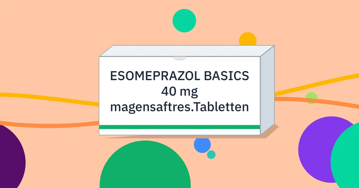 Symbolbild: Packung mit der Aufschrift ESOMEPRAZOL BASICS 40 mg magensaftres.Tabletten (PZN 08845240) – Verfügbarkeit und Bezug in Apotheken in Frankfurt am Main