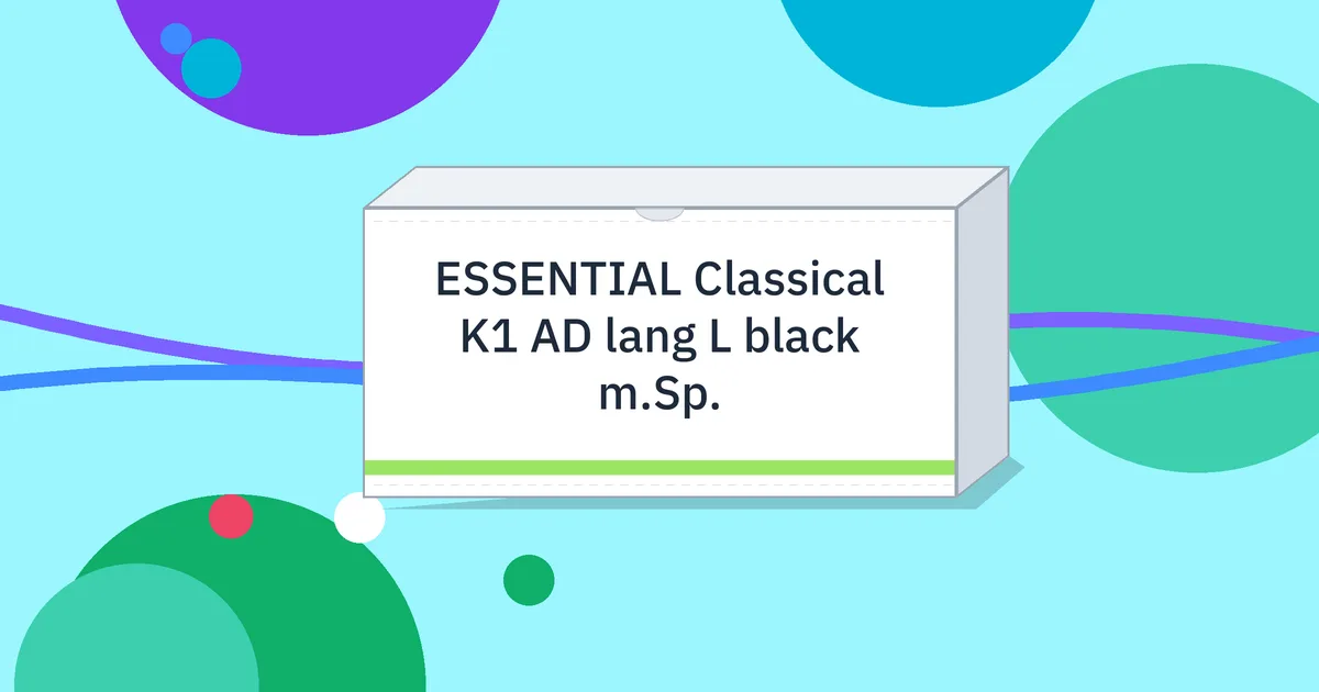 Symbolbild: Packung mit der Aufschrift ESSENTIAL Classical K1 AD lang L black m.Sp. (PZN 16999939) – Verfügbarkeit und Bezug in Apotheken in Frankfurt am Main
