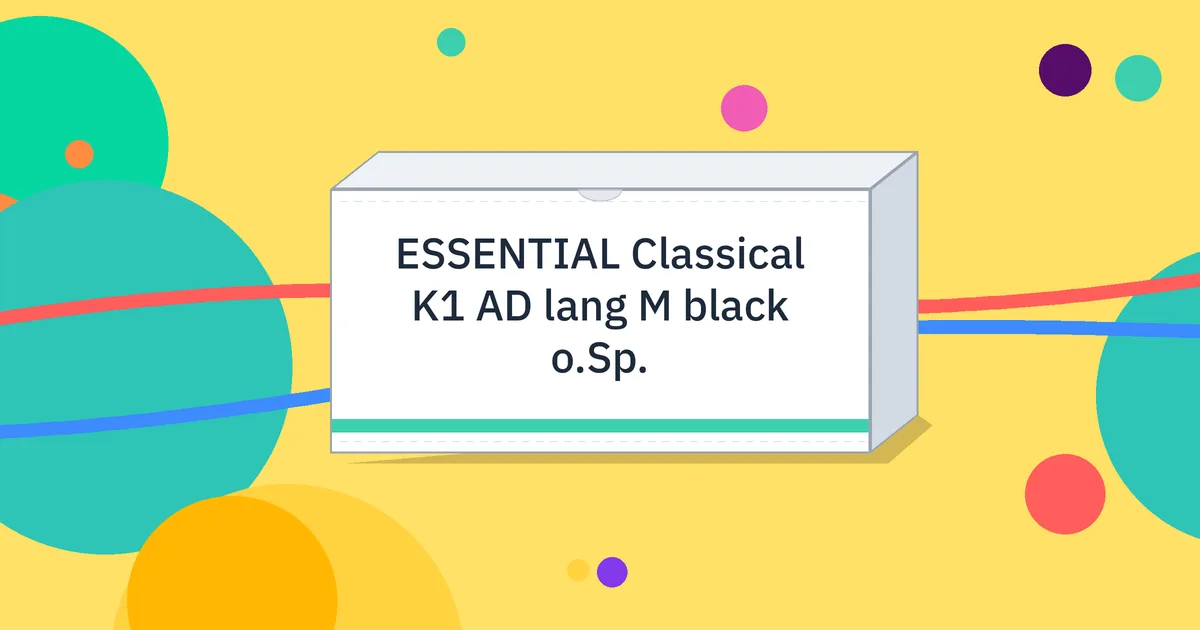 Symbolbild: Packung mit der Aufschrift ESSENTIAL Classical K1 AD lang M black o.Sp. (PZN 17004166) – Verfügbarkeit und Bezug in Apotheken in Frankfurt am Main