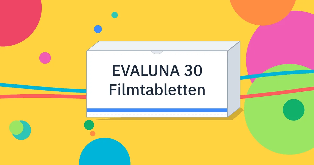 Symbolbild: Packung mit der Aufschrift EVALUNA 30 Filmtabletten (PZN 06569296) – Verfügbarkeit und Bezug in Apotheken in Frankfurt am Main