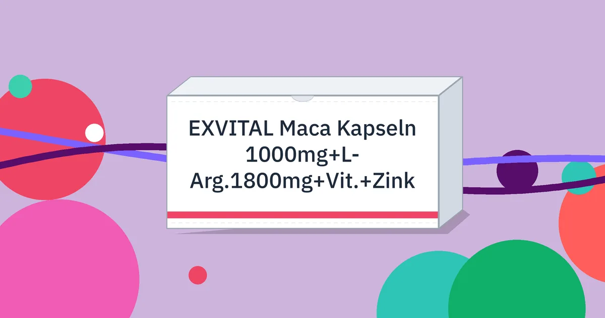 Symbolbild: Packung mit der Aufschrift EXVITAL Maca Kapseln 1000mg+L-Arg.1800mg+Vit.+Zink (PZN 18061350) – Verfügbarkeit und Bezug in Apotheken in Frankfurt am Main