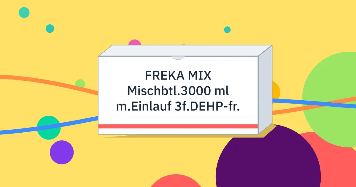 Symbolbild: Packung mit der Aufschrift FREKA MIX Mischbtl.3000 ml m.Einlauf 3f.DEHP-fr. (PZN 07403735) – Verfügbarkeit und Bezug in Apotheken in Frankfurt am Main