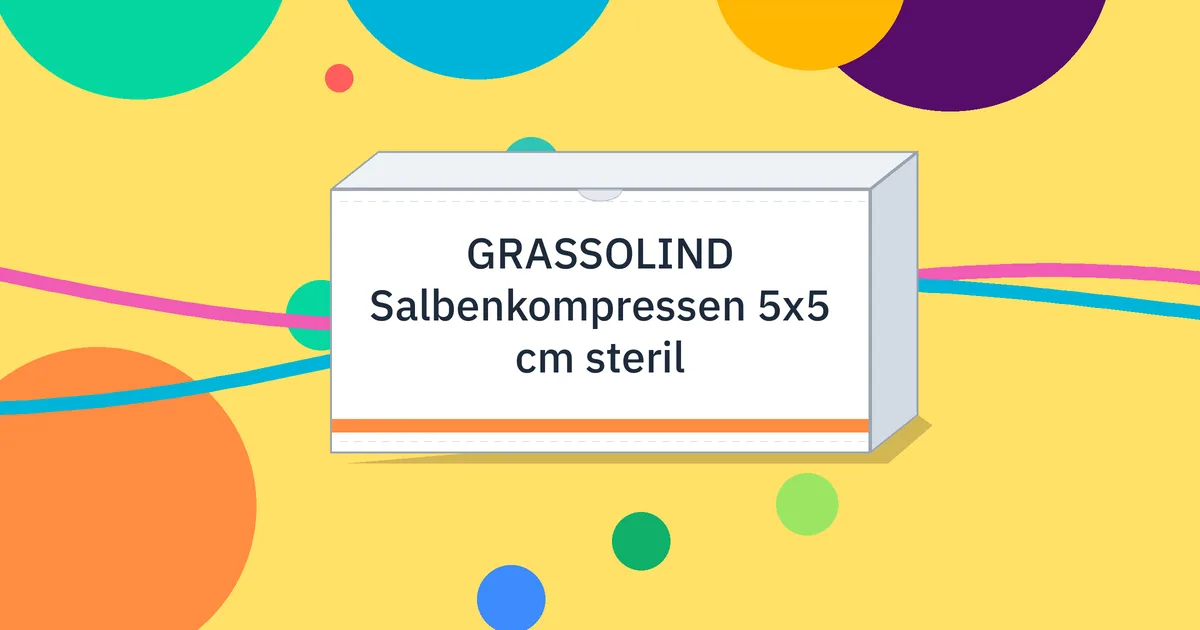 Symbolbild: Packung mit der Aufschrift GRASSOLIND Salbenkompressen 5x5 cm steril (PZN 18715805) – Verfügbarkeit und Bezug in Apotheken in Frankfurt am Main