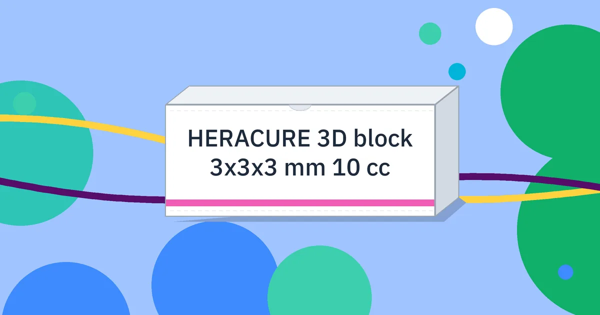 Symbolbild: Packung mit der Aufschrift HERACURE 3D block 3x3x3 mm 10 cc (PZN 20621796) – Verfügbarkeit und Bezug in Apotheken in Frankfurt am Main