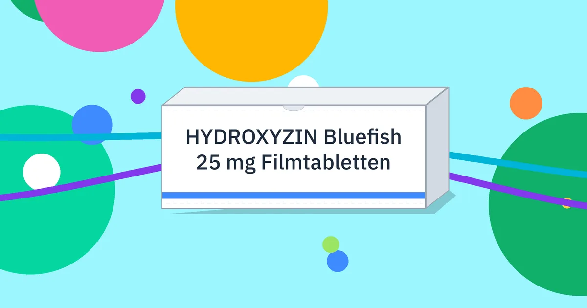 Symbolbild: Packung mit der Aufschrift HYDROXYZIN Bluefish 25 mg Filmtabletten (PZN 12344236) – Verfügbarkeit und Bezug in Apotheken in Frankfurt am Main