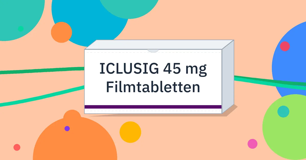 Symbolbild: Packung mit der Aufschrift ICLUSIG 45 mg Filmtabletten (PZN 08810299) – Verfügbarkeit und Bezug in Apotheken in Frankfurt am Main
