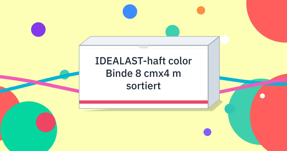 Symbolbild: Packung mit der Aufschrift IDEALAST-haft color Binde 8 cmx4 m sortiert (PZN 10109471) – Verfügbarkeit und Bezug in Apotheken in Frankfurt am Main