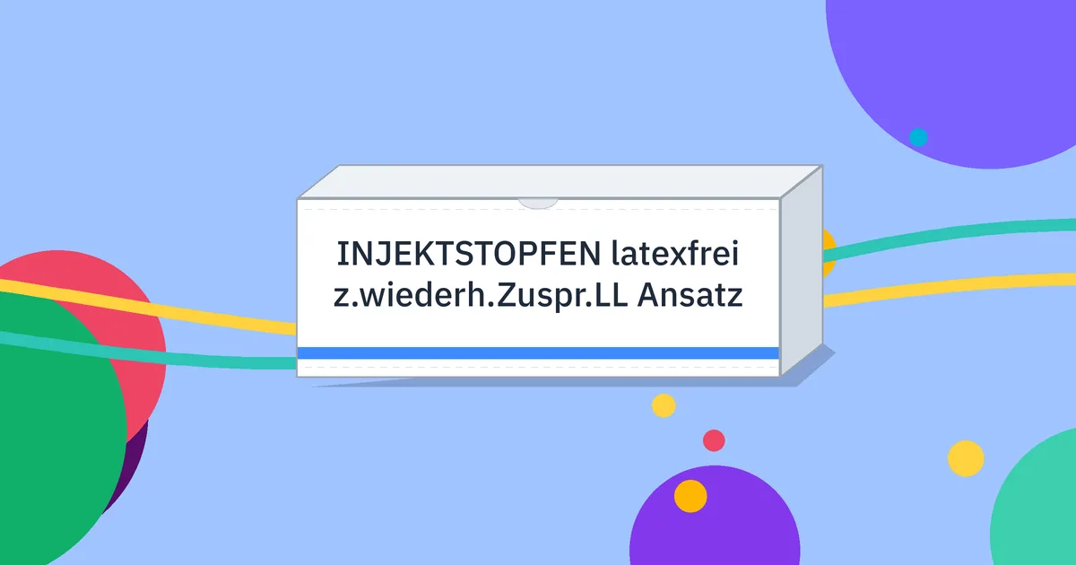 Symbolbild: Packung mit der Aufschrift INJEKTSTOPFEN latexfrei z.wiederh.Zuspr.LL Ansatz (PZN 00939088) – Verfügbarkeit und Bezug in Apotheken in Frankfurt am Main