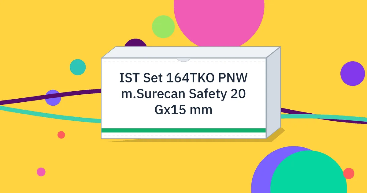 Symbolbild: Packung mit der Aufschrift IST Set 164TKO PNW m.Surecan Safety 20 Gx15 mm (PZN 13868160) – Verfügbarkeit und Bezug in Apotheken in Frankfurt am Main