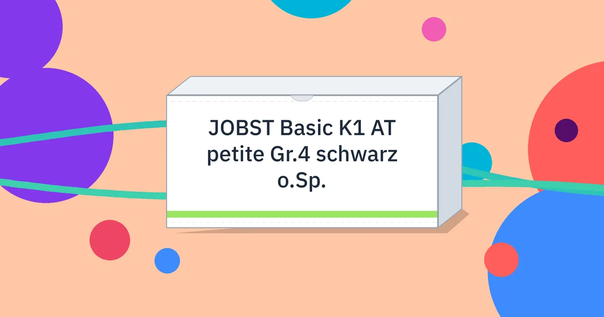 Symbolbild: Packung mit der Aufschrift JOBST Basic K1 AT petite Gr.4 schwarz o.Sp. (PZN 15310120) – Verfügbarkeit und Bezug in Apotheken in Frankfurt am Main