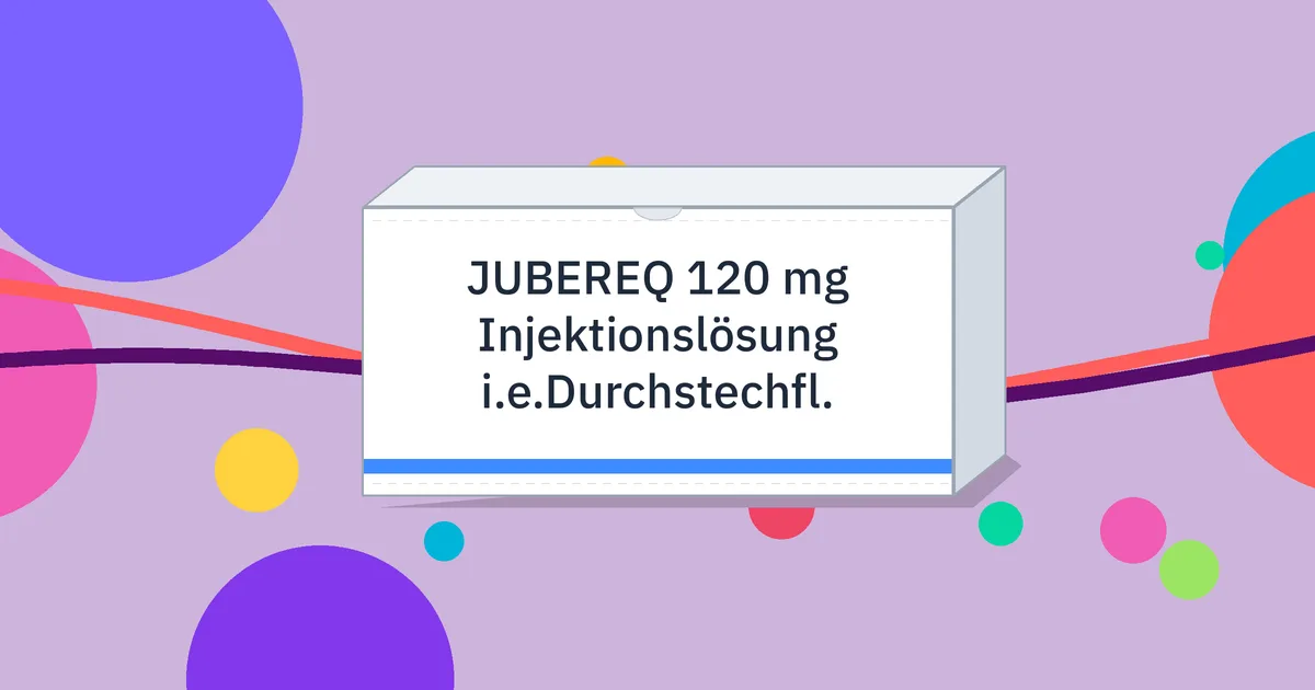 Symbolbild: Packung mit der Aufschrift JUBEREQ 120 mg Injektionslösung i.e.Durchstechfl. (PZN 19844574) – Verfügbarkeit und Bezug in Apotheken in Frankfurt am Main
