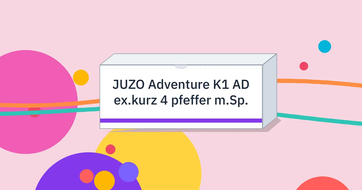 Symbolbild: Packung mit der Aufschrift JUZO Adventure K1 AD ex.kurz 4 pfeffer m.Sp. (PZN 14977974) – Verfügbarkeit und Bezug in Apotheken in Frankfurt am Main