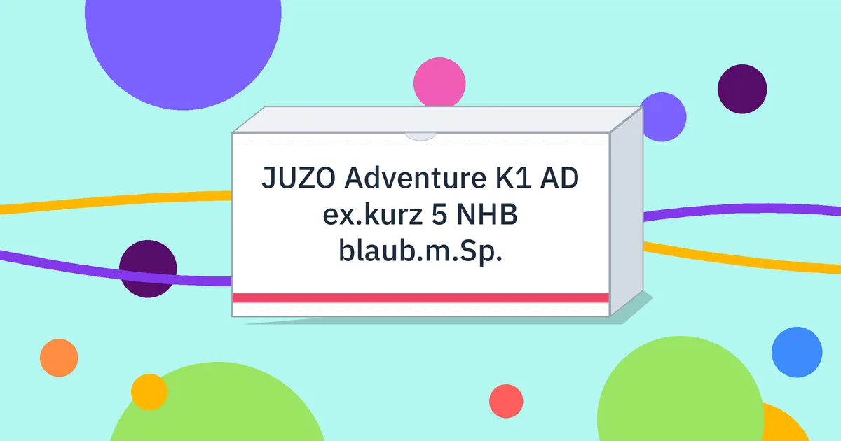 Symbolbild: Packung mit der Aufschrift JUZO Adventure K1 AD ex.kurz 5 NHB blaub.m.Sp. (PZN 16346686) – Verfügbarkeit und Bezug in Apotheken in Frankfurt am Main