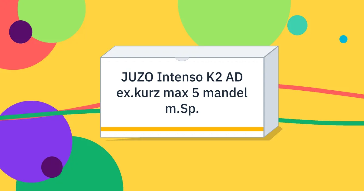 Symbolbild: Packung mit der Aufschrift JUZO Intenso K2 AD ex.kurz max 5 mandel m.Sp. (PZN 18607004) – Verfügbarkeit und Bezug in Apotheken in Frankfurt am Main